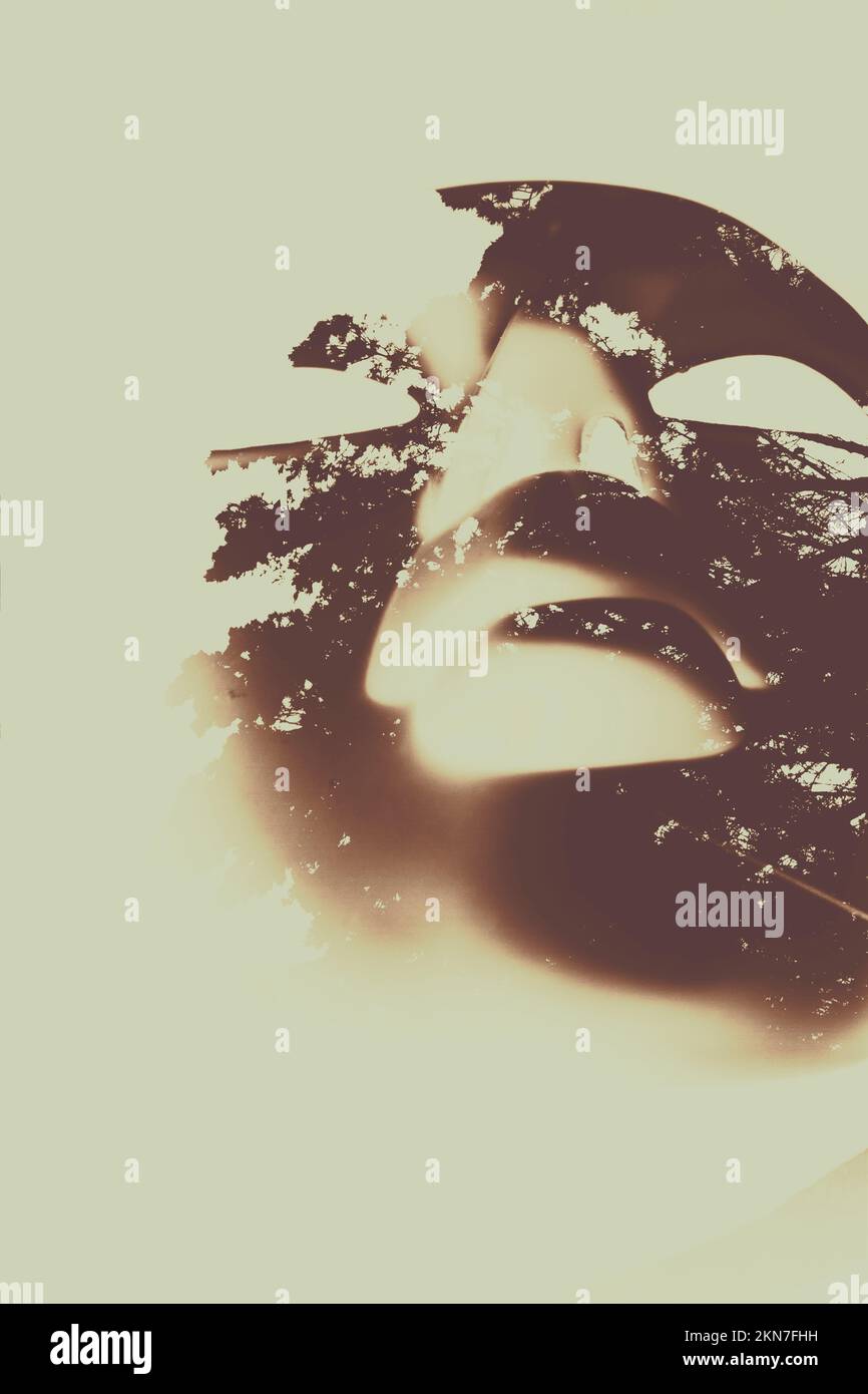 Fine art photograph on a awakening vintage face with nature double ...