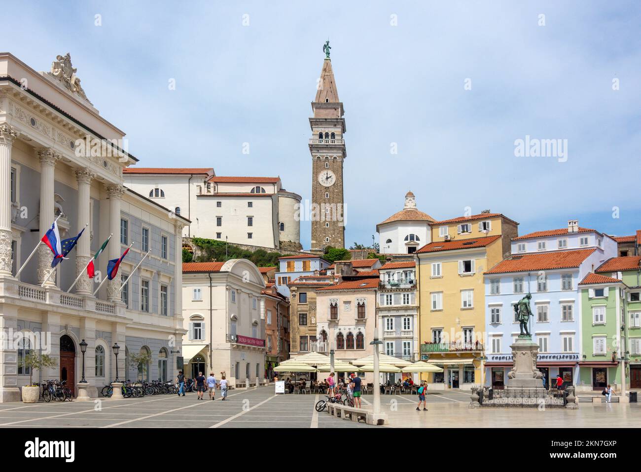 Tartini Square showing Cathedral bell tower, Piran (Pirano), Slovene ...