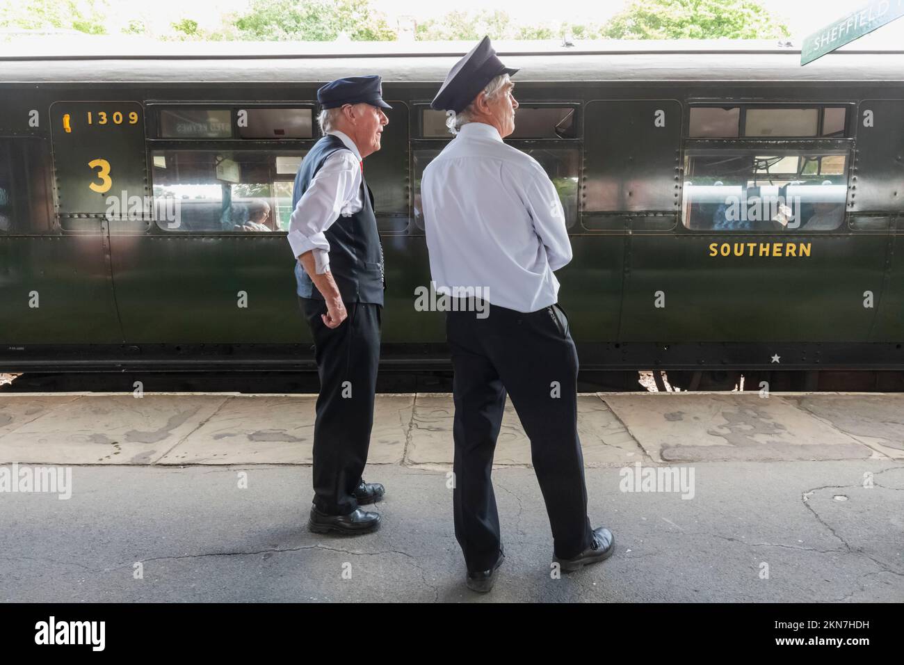 England, Sussex, Bluebell Railway, Horsted Keynes Station, Guards on ...