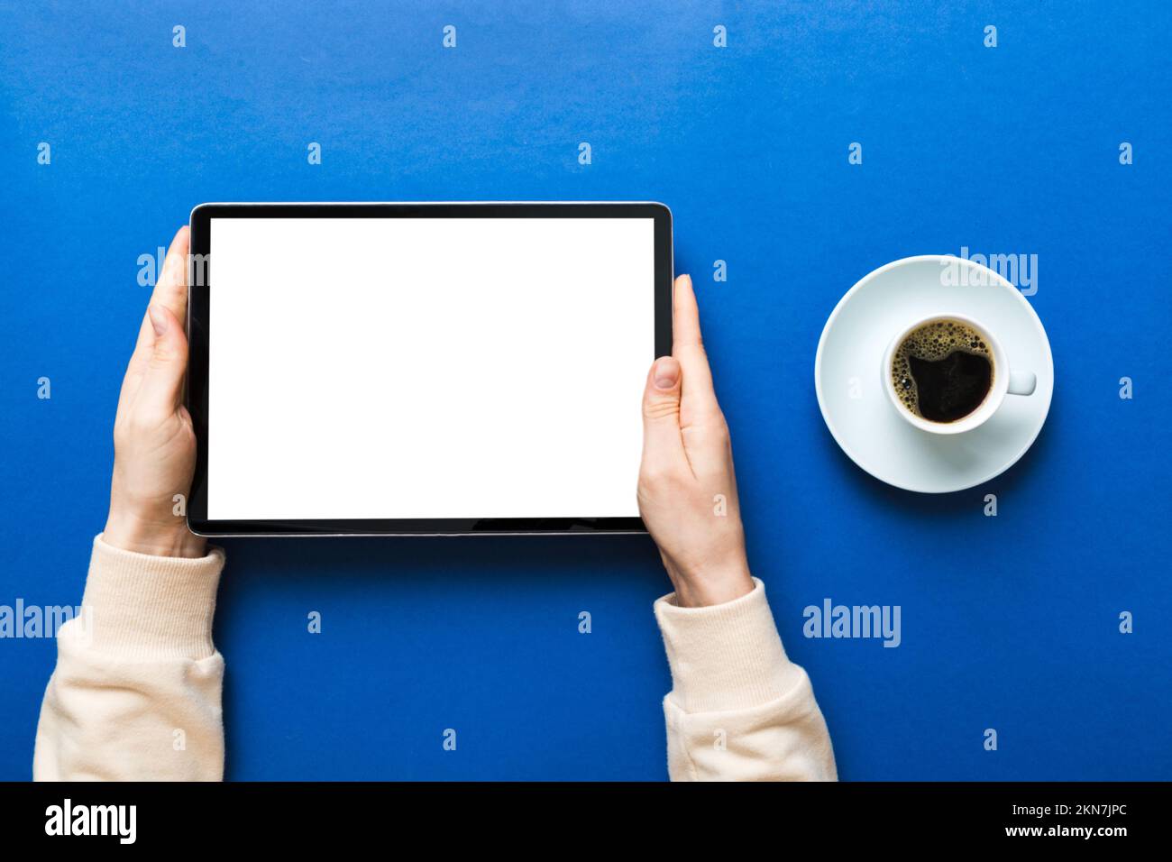 Close up image woman hands holding digital tablet with blank copy space ...