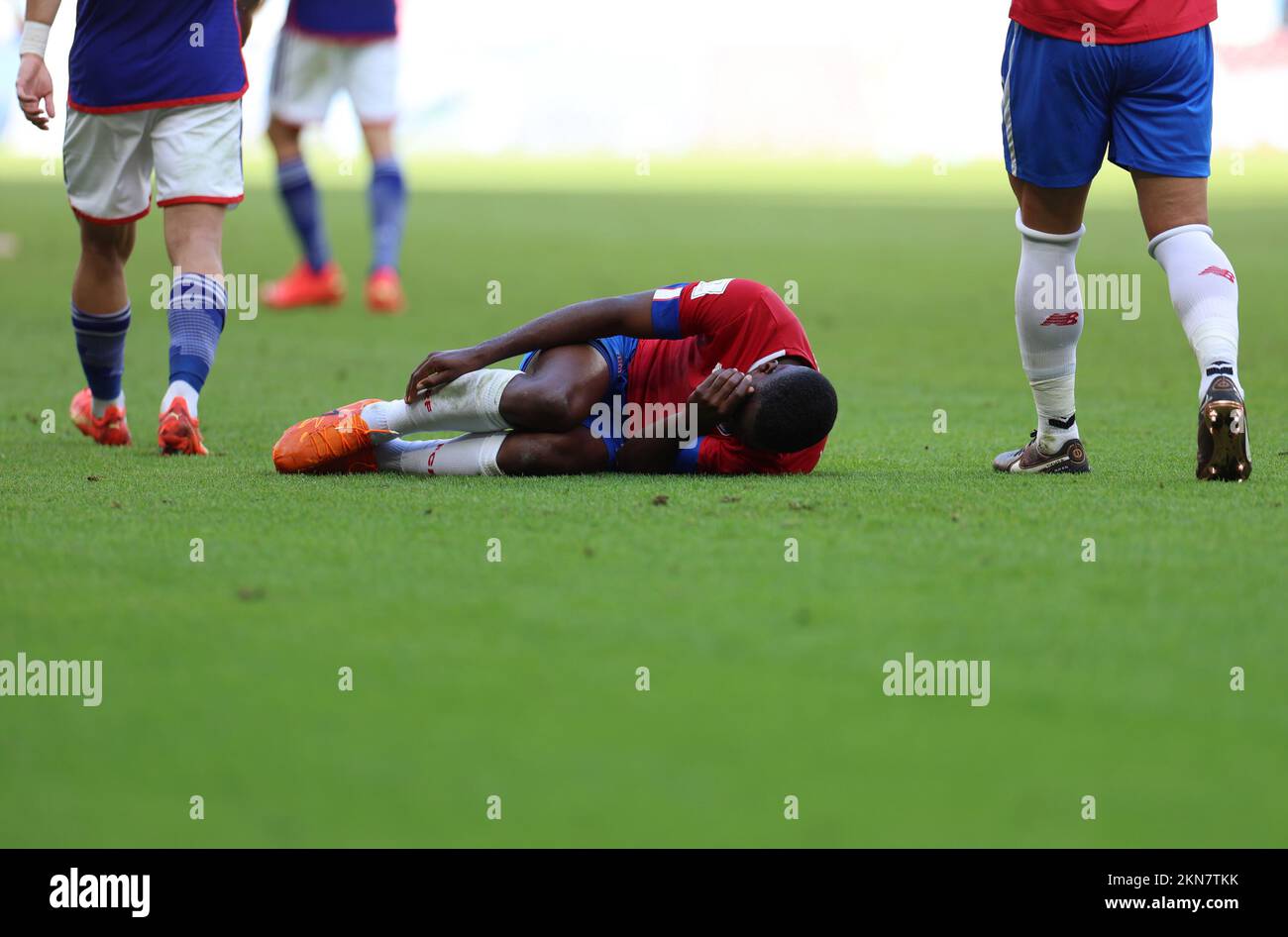 Al Rayyan, Qatar. 27th Nov, 2022. Joel Campbell of Costa Rica reacts after falling down during ...