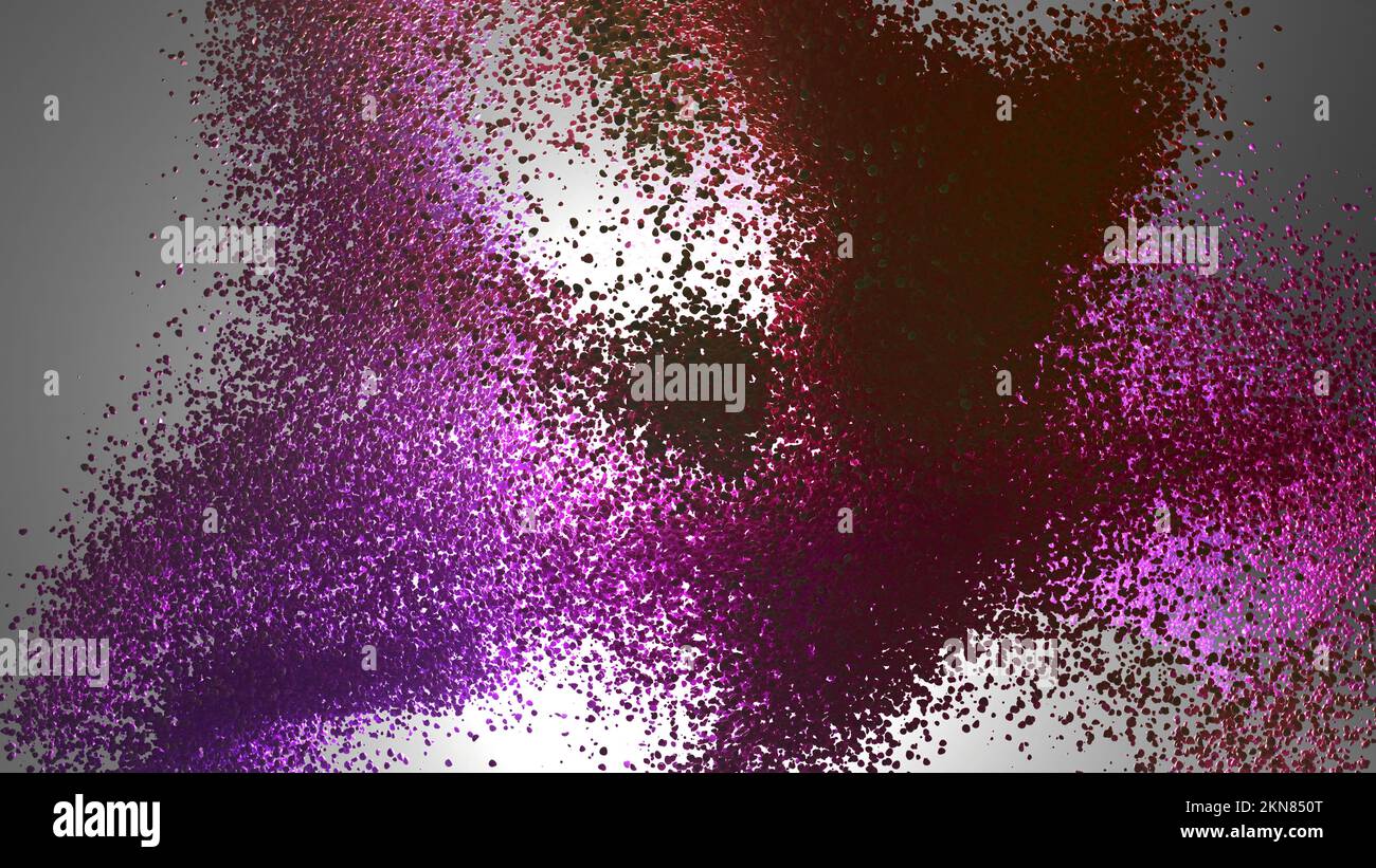 3D rendering of burst of colorful particles in dark environment with ...