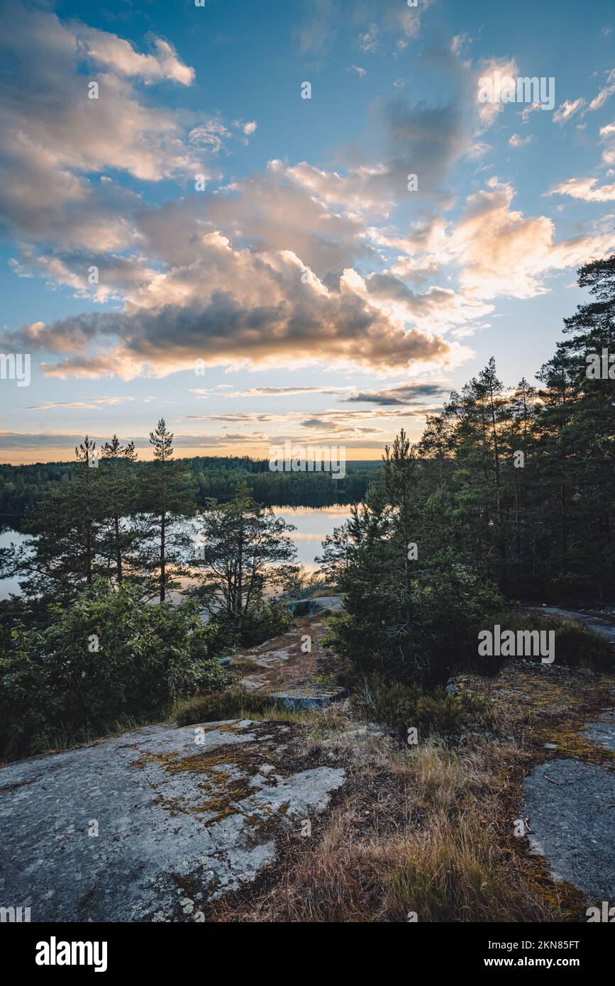 A beautiful view of a calm lake surrounded by trees at sunset in Sweden ...