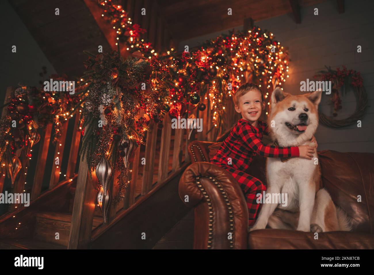 Smile small child having fun with dog waiting for miracle Santa at noel ...