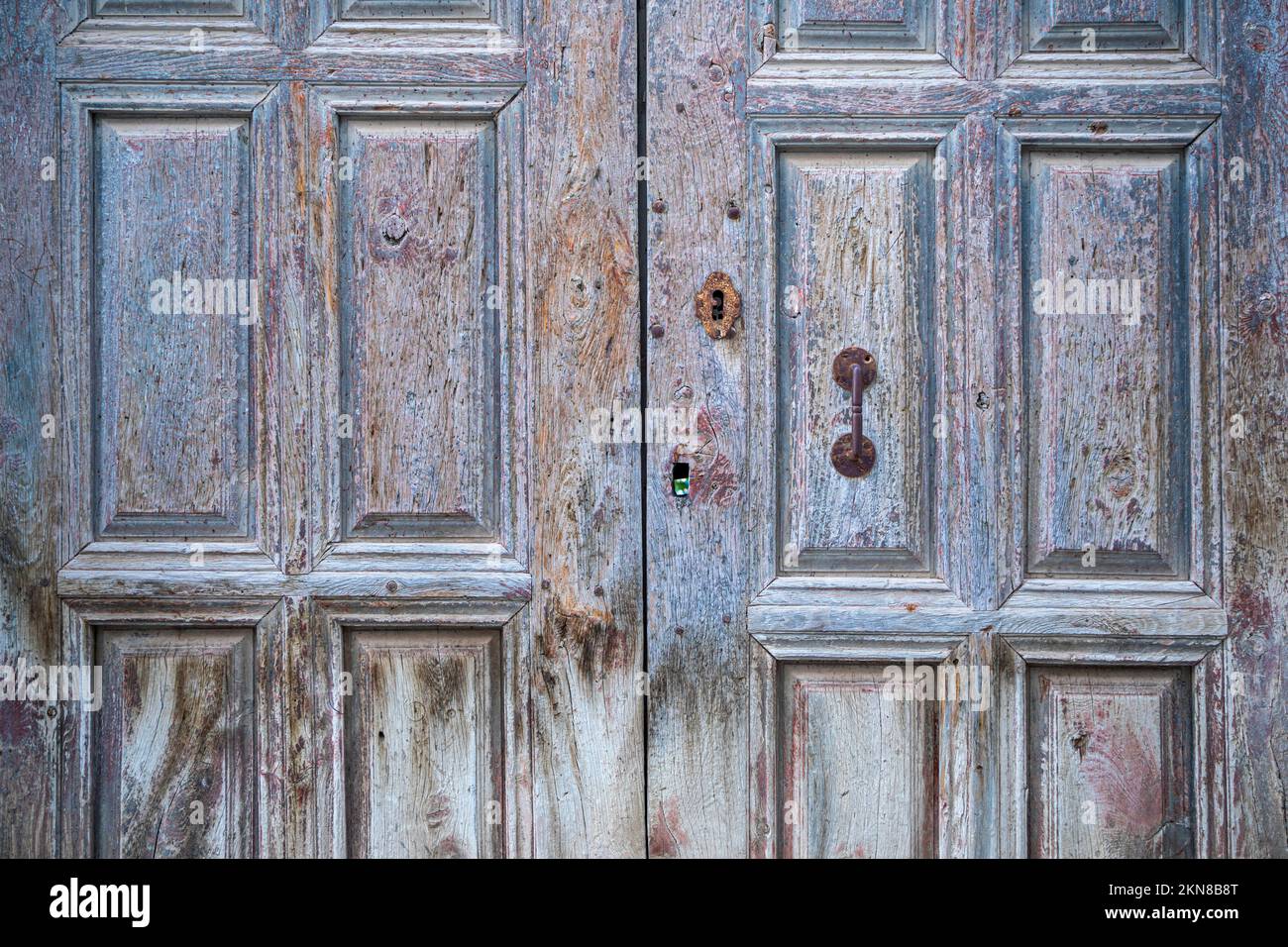Old aged two-leaf door with metal decorations in natural wood Stock ...