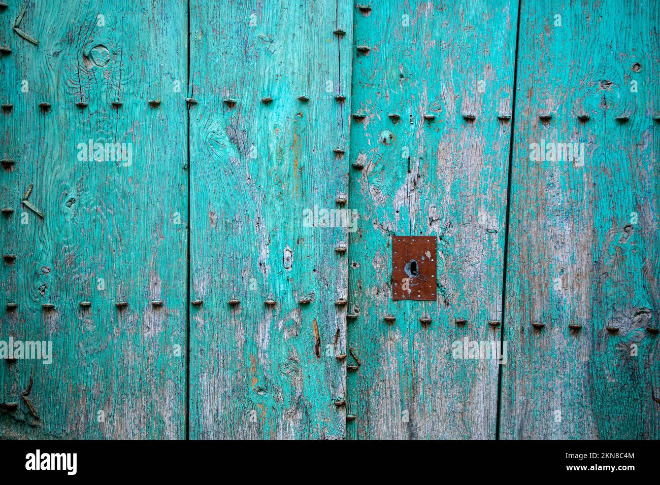 Old aged two-leaf door with metal decorations in natural wood Stock ...