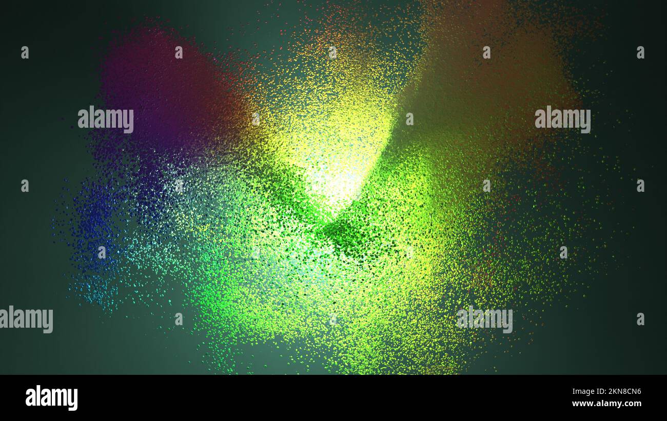 3D rendering of burst of colorful particles in dark environment with ...