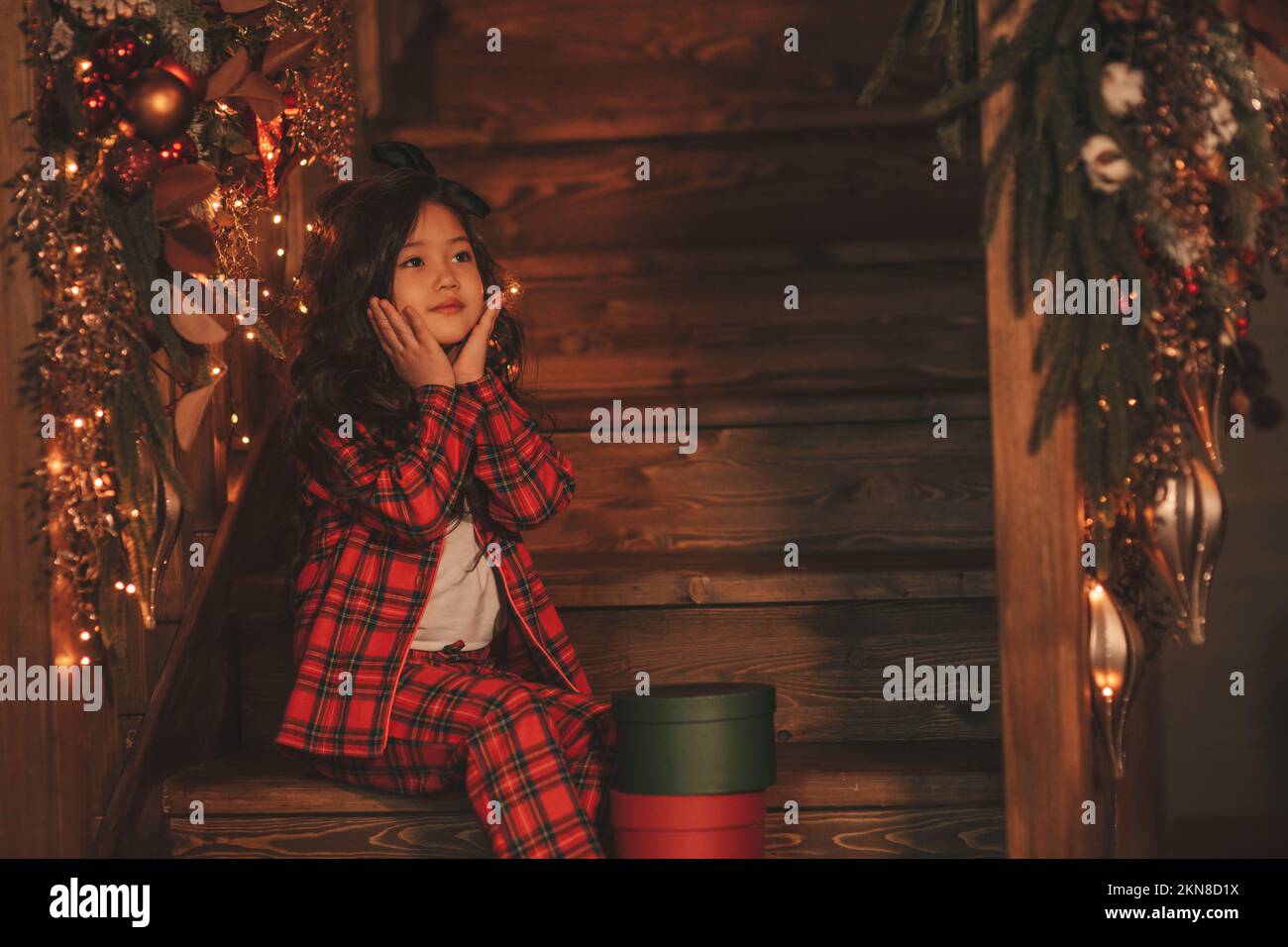 Happy japan little girl dreamer waiting miracle from Santa posing on ...