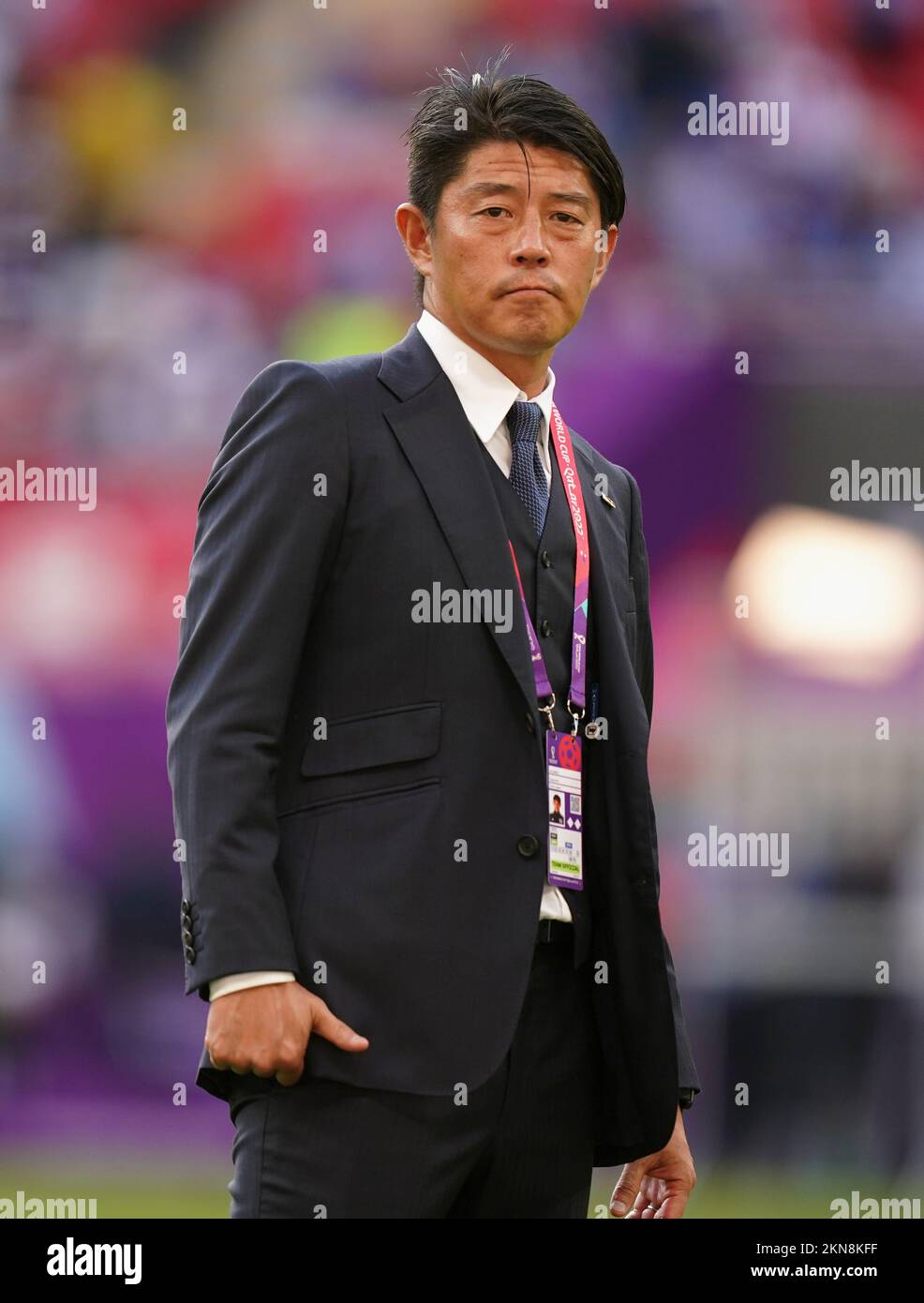 Japan manager Hajime Moriyasu appears dejected after the FIFA World Cup ...