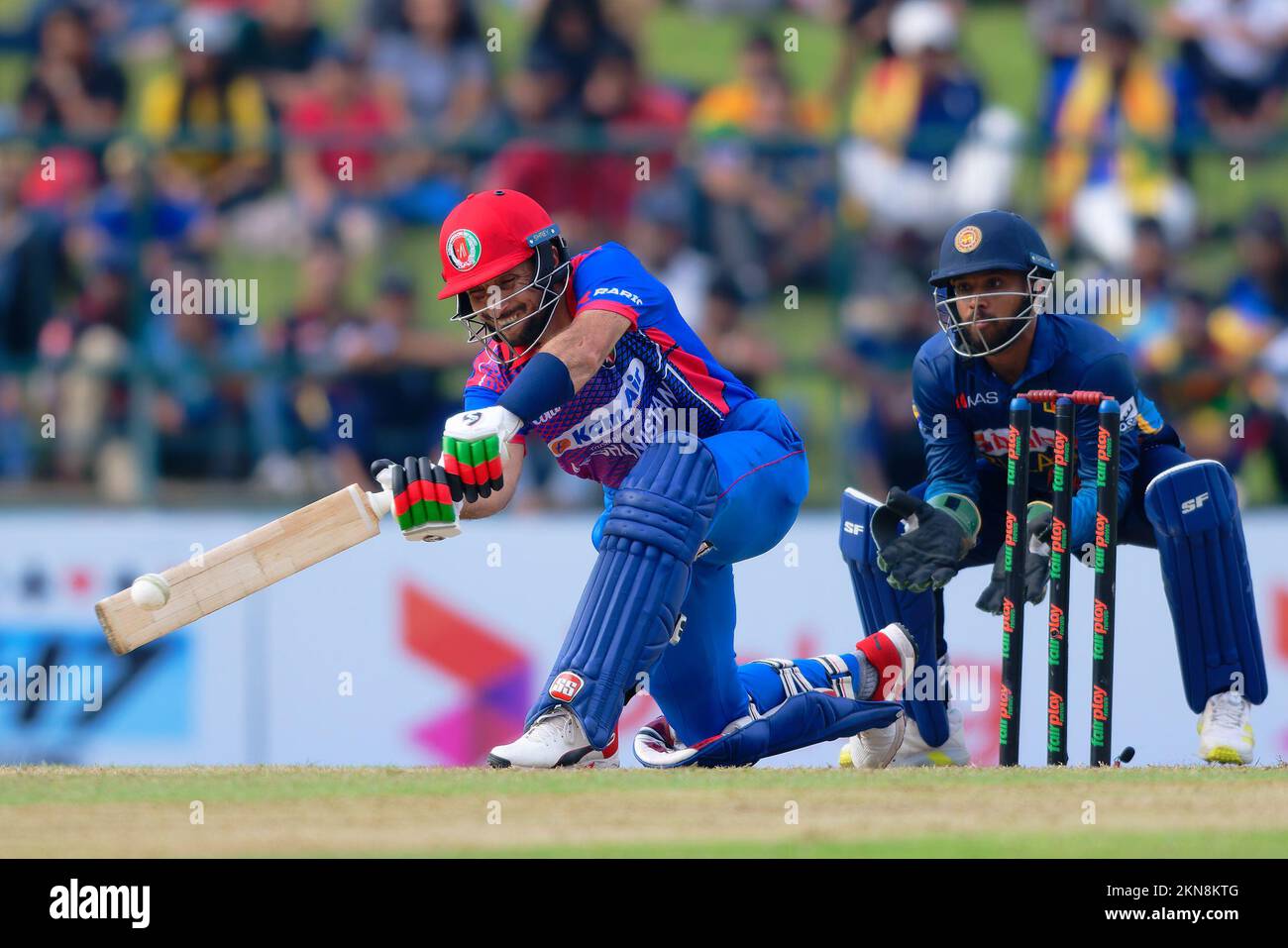 Kandy, Sri Lanka. 27th November 2022. Afghanistan's Rahmat Shah plays a shot during the 2nd ODI ...