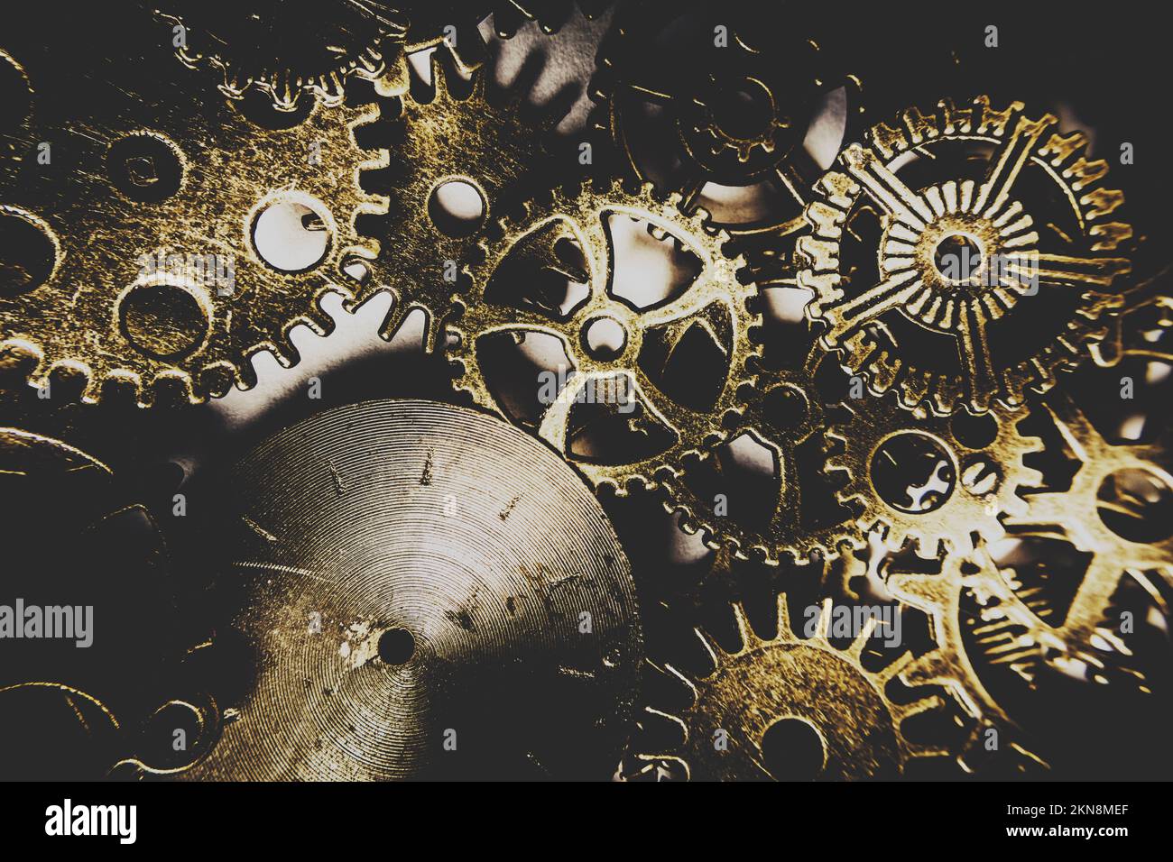 Old-fashioned factory art on a layout of steampunk cogs shadowed by ...