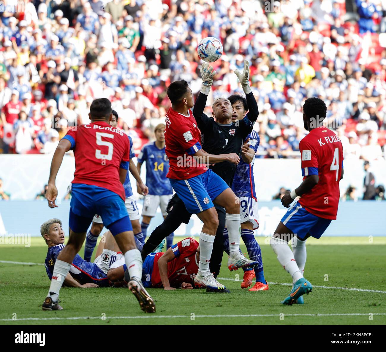 Al Rayyan, Qatar. 27th Nov, 2022. Keylor Navas (3rd R), goalkeeper of Costa Rica, makes a save ...