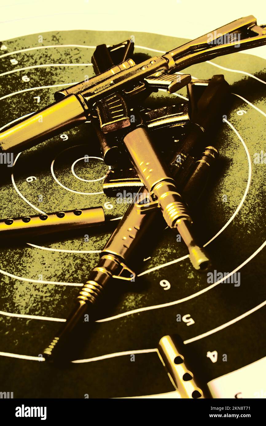 Military green pop art with a posterized design of vintage weapons on ...