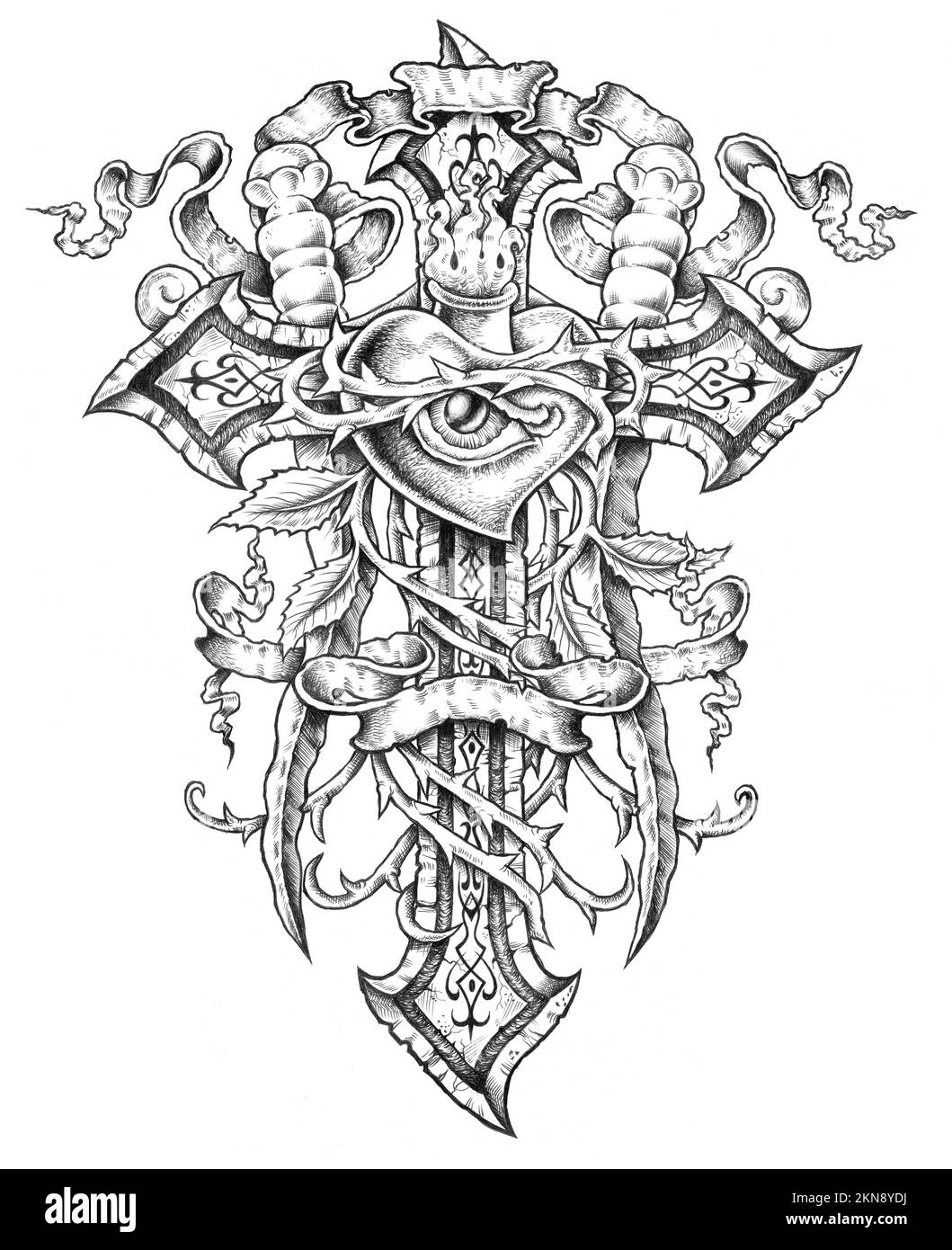 A drawing of a cross with a heart and an eye on a white background ...