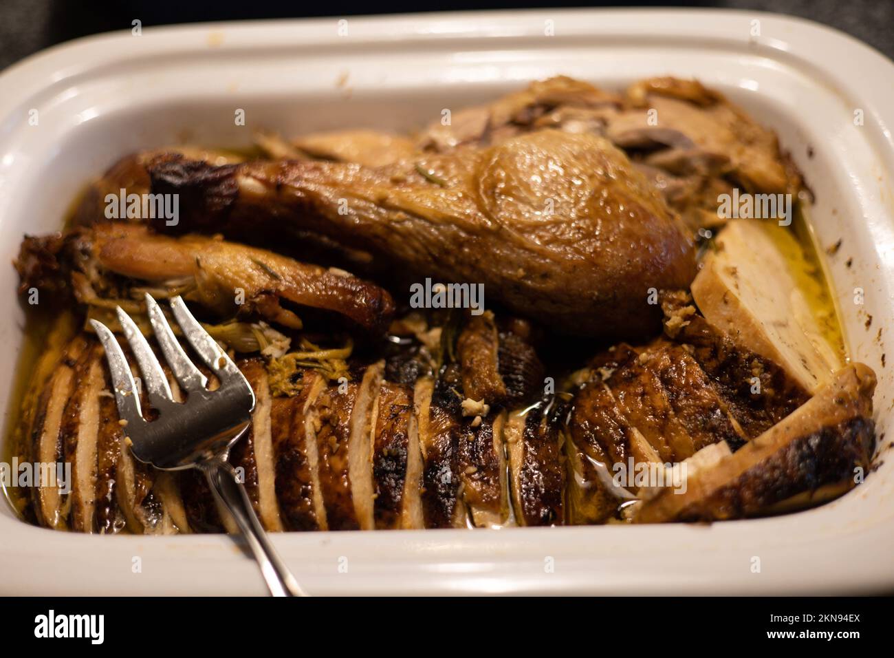 a pan of turkey sliced and ready for Thanksgiving dinner Stock Photo ...
