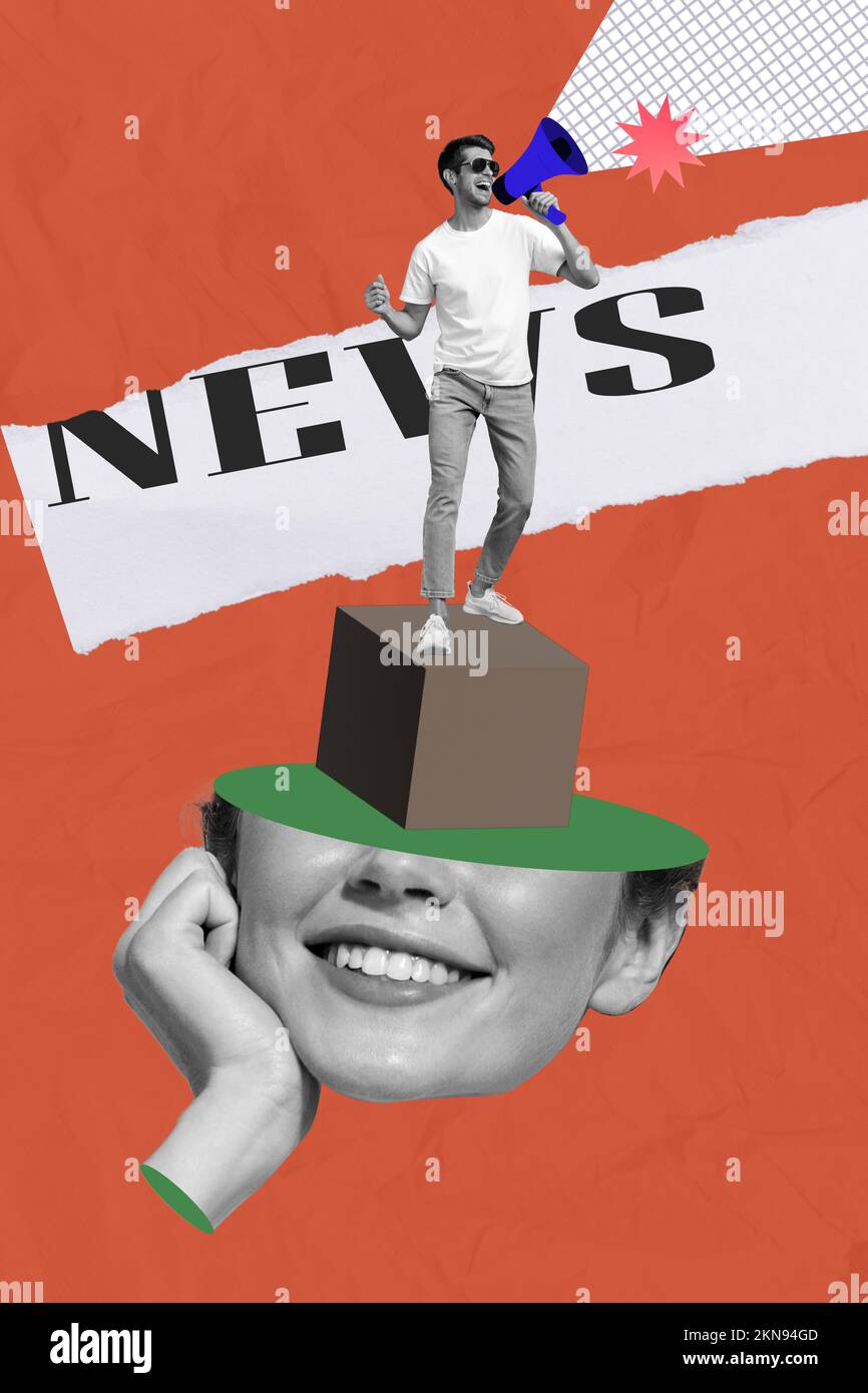 Composite collage image of woman head listen curiously man megaphone ...