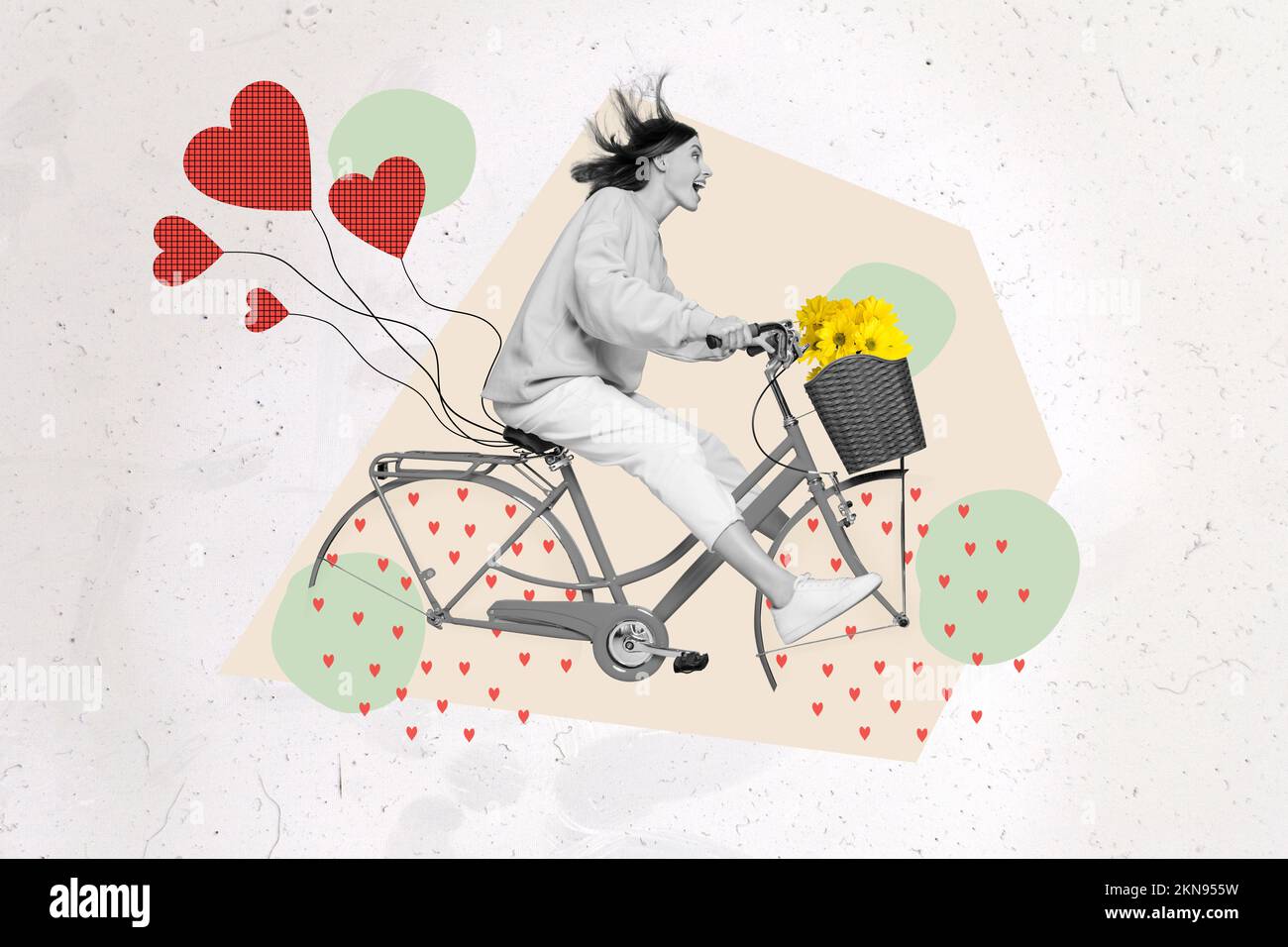 Collage photo of young crazy attractive woman riding bicycle with ...