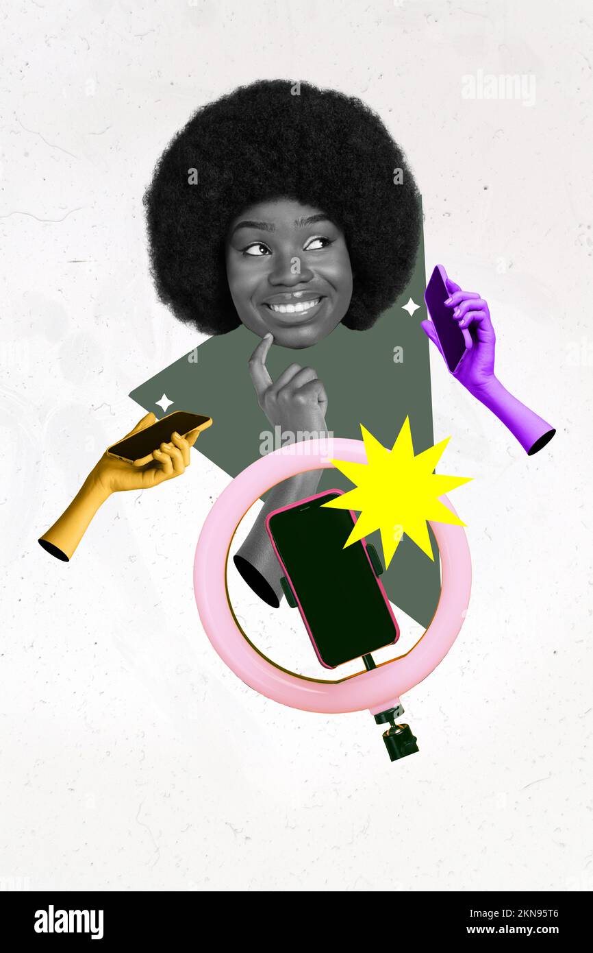 Collage photo of young lady popular instagram blogger have selfie phone ...