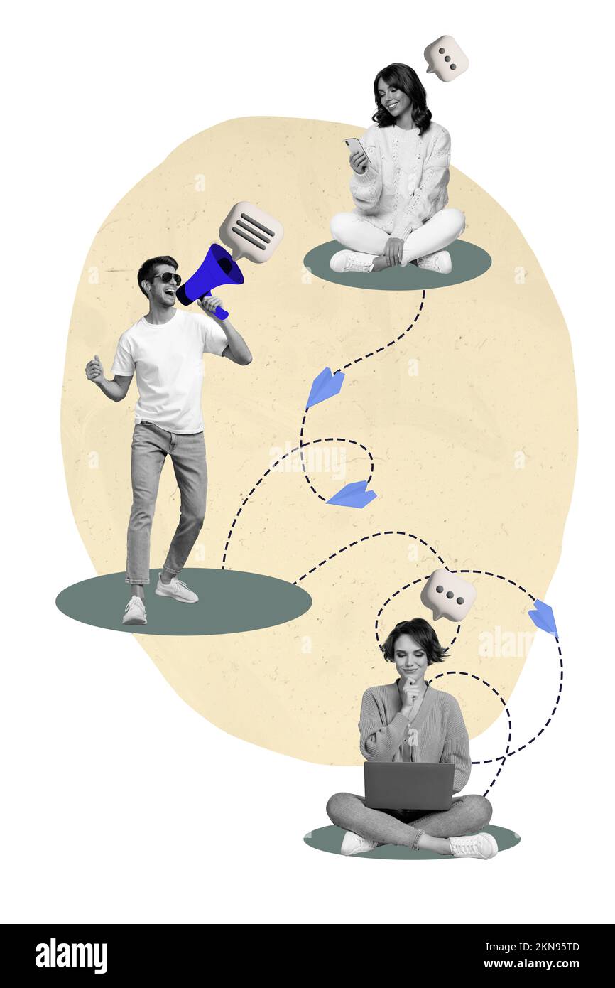 Collage photo of three young users man two ladies communicating ...