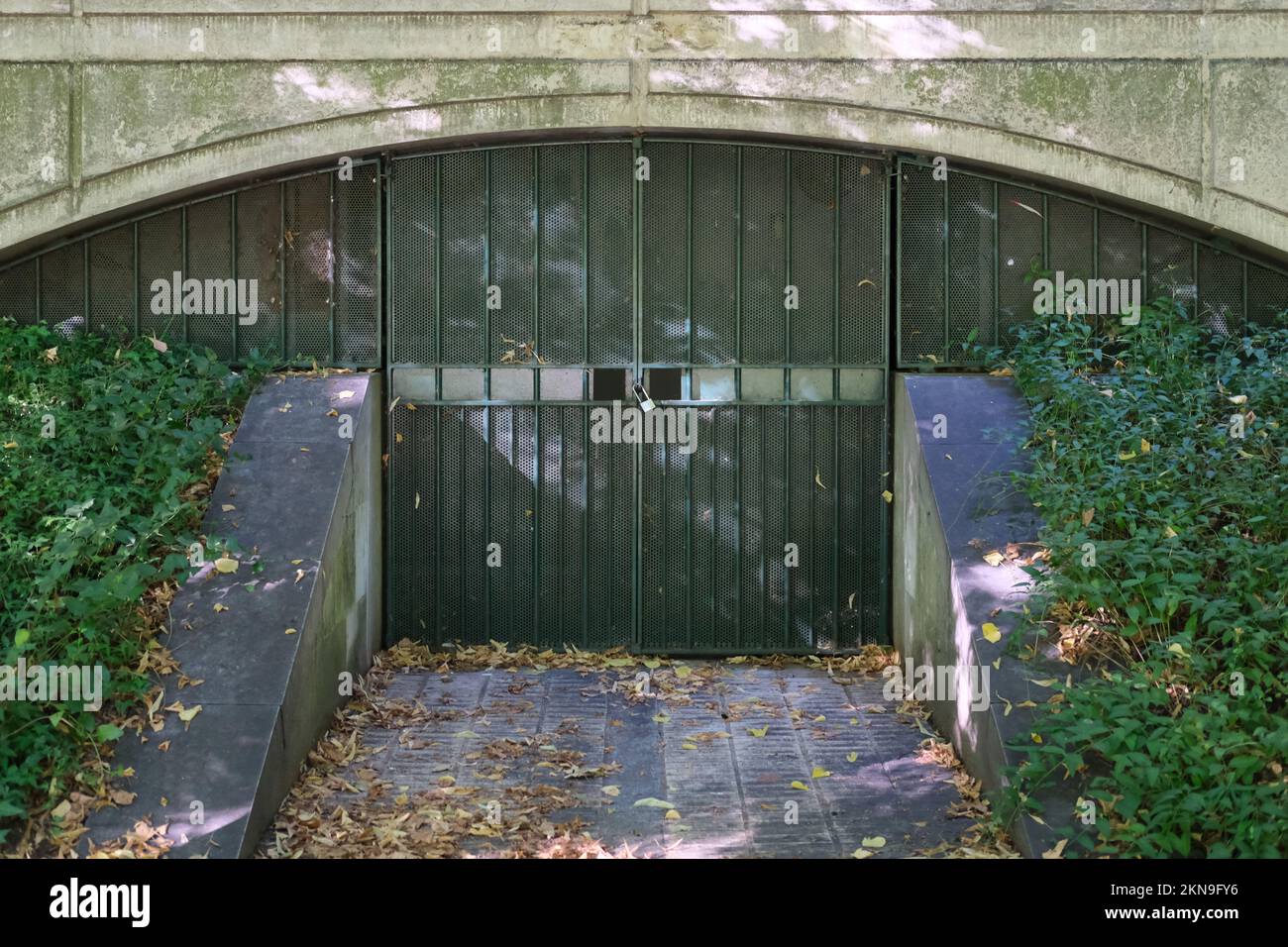A closed door of a building with autumnal leaves in the Park of Barcy ...