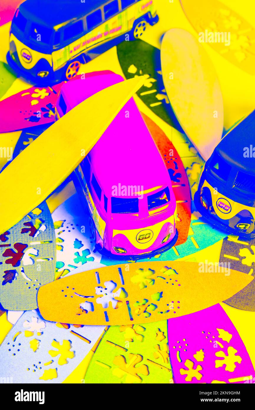 Cross processed still life art on hippy toy cars and emblem ...