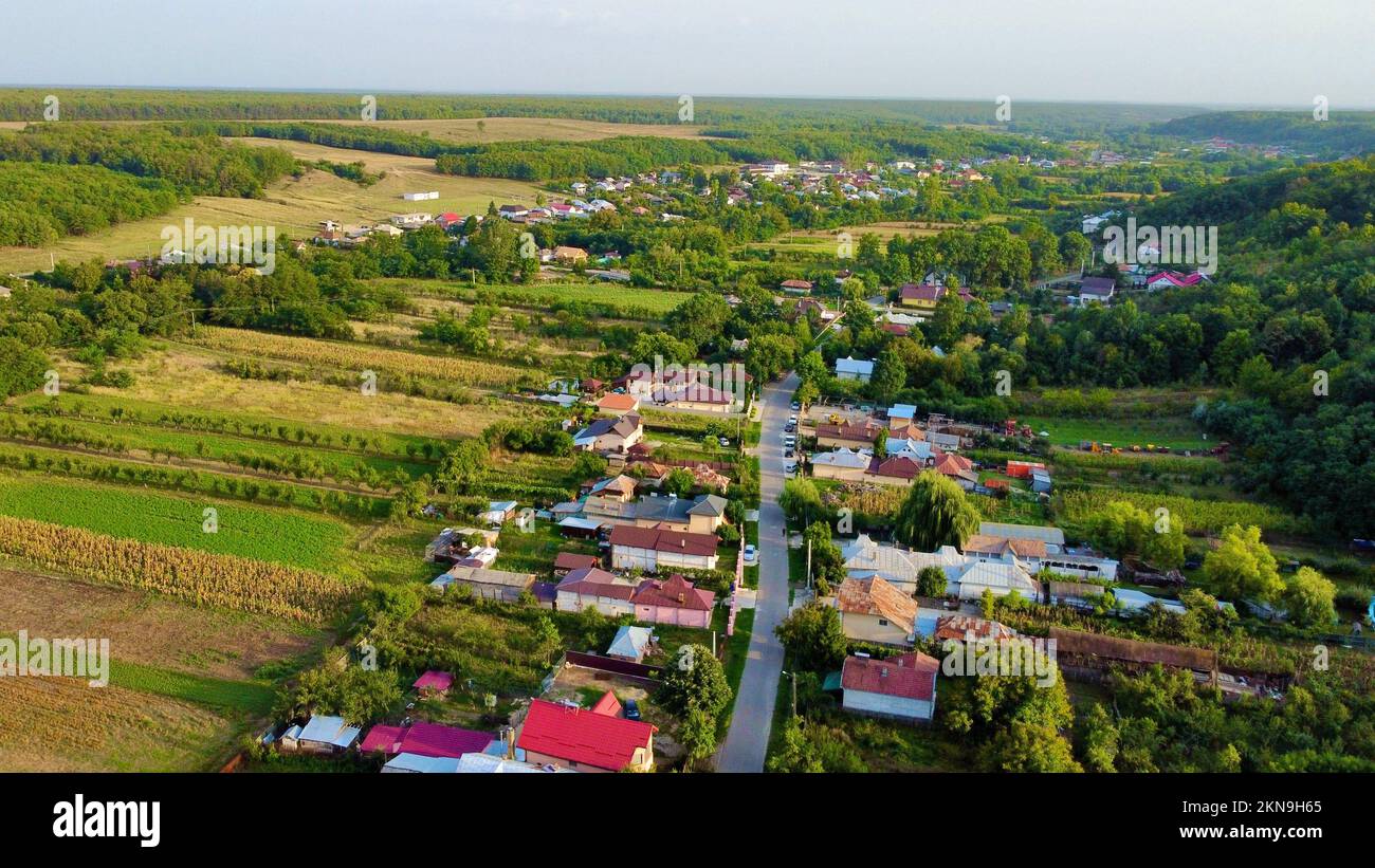 An aerial view of a small village and forest landscape in the ...