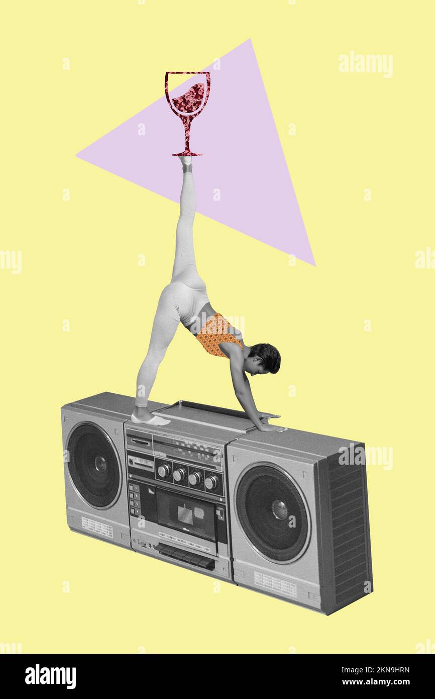 Creative collage artwork postcard poster sketch of lady practicing yoga ...