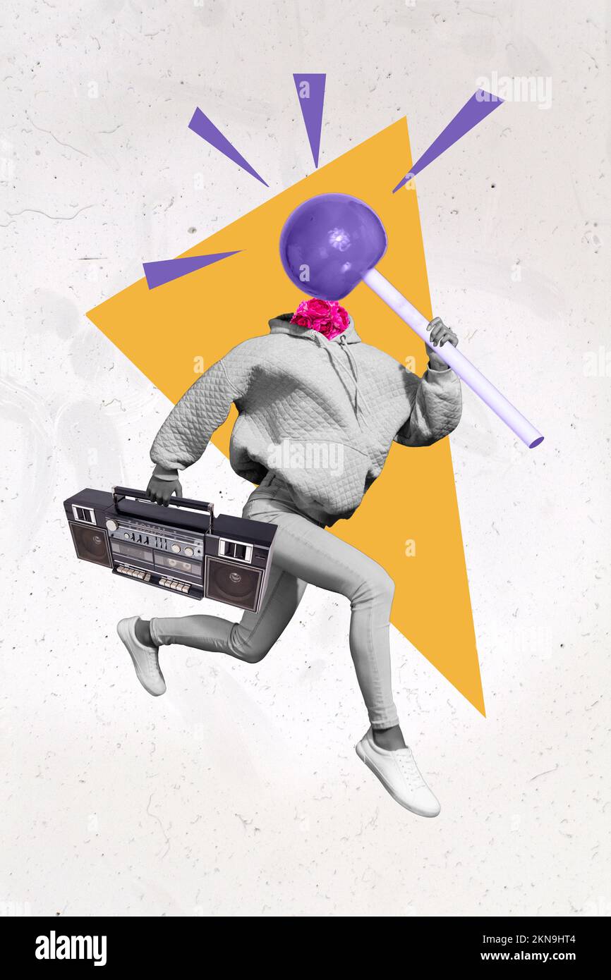 Collage photo of running headless girl hold lollipop music player ...