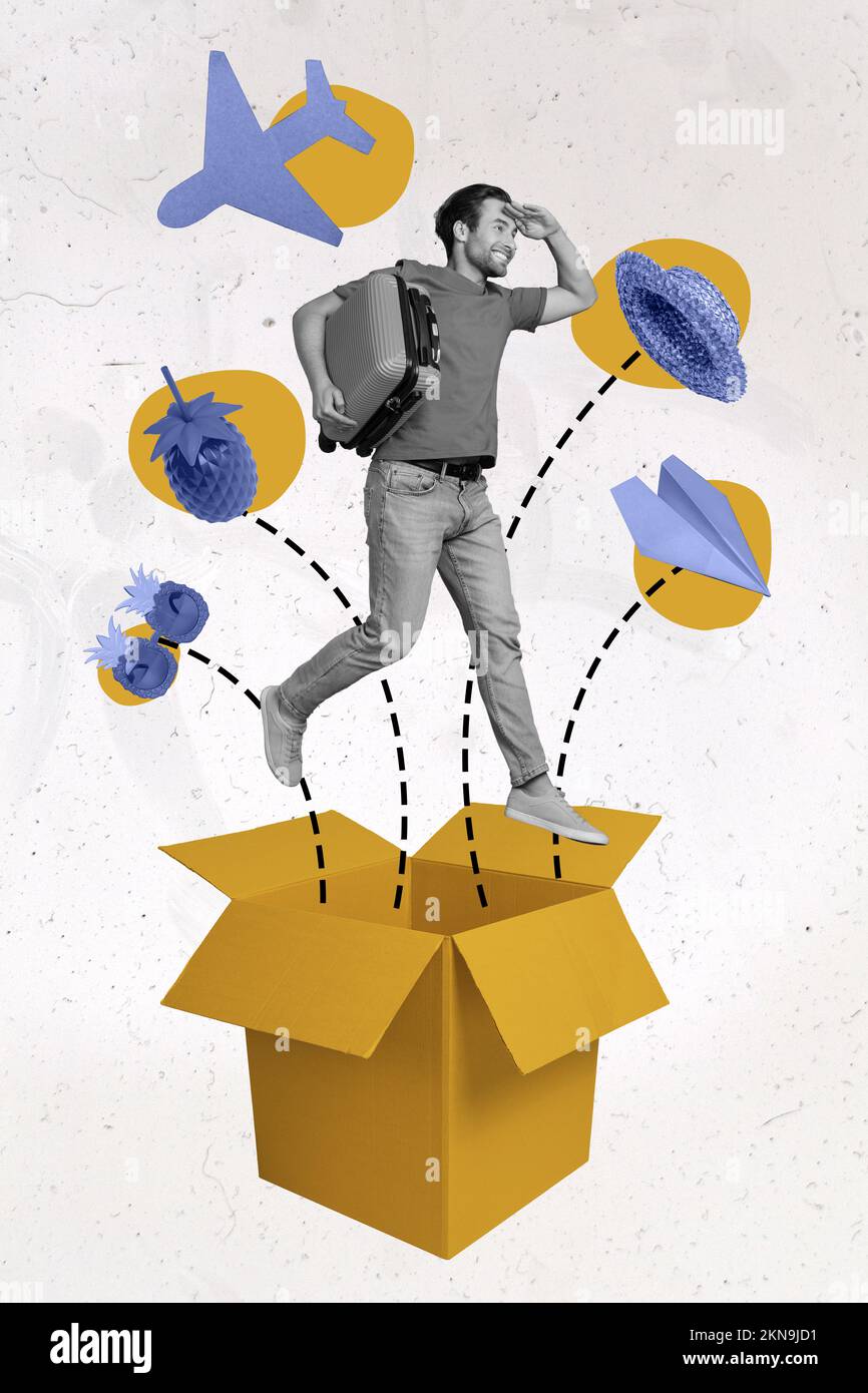 Collage vertical photo of happy guy jump outside box find new way trip ...
