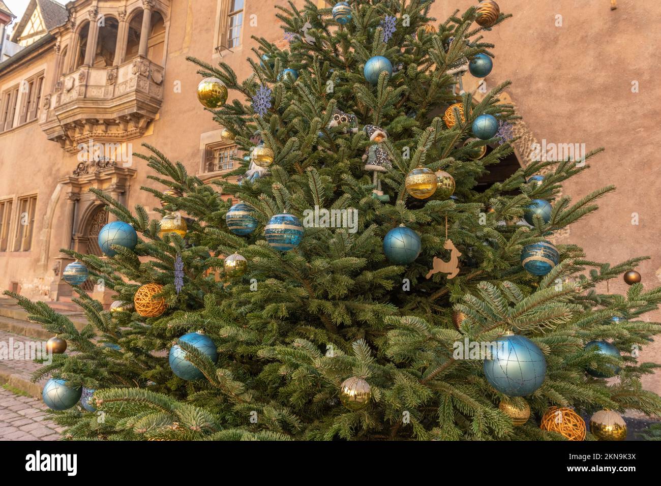 Christmas tree decorated on a square in the city of Colmar. Alsace ...