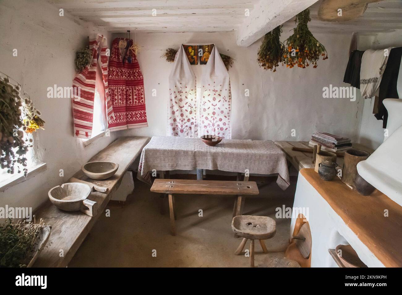 Ancient traditional Ukrainian house. Interior and household items Stock ...