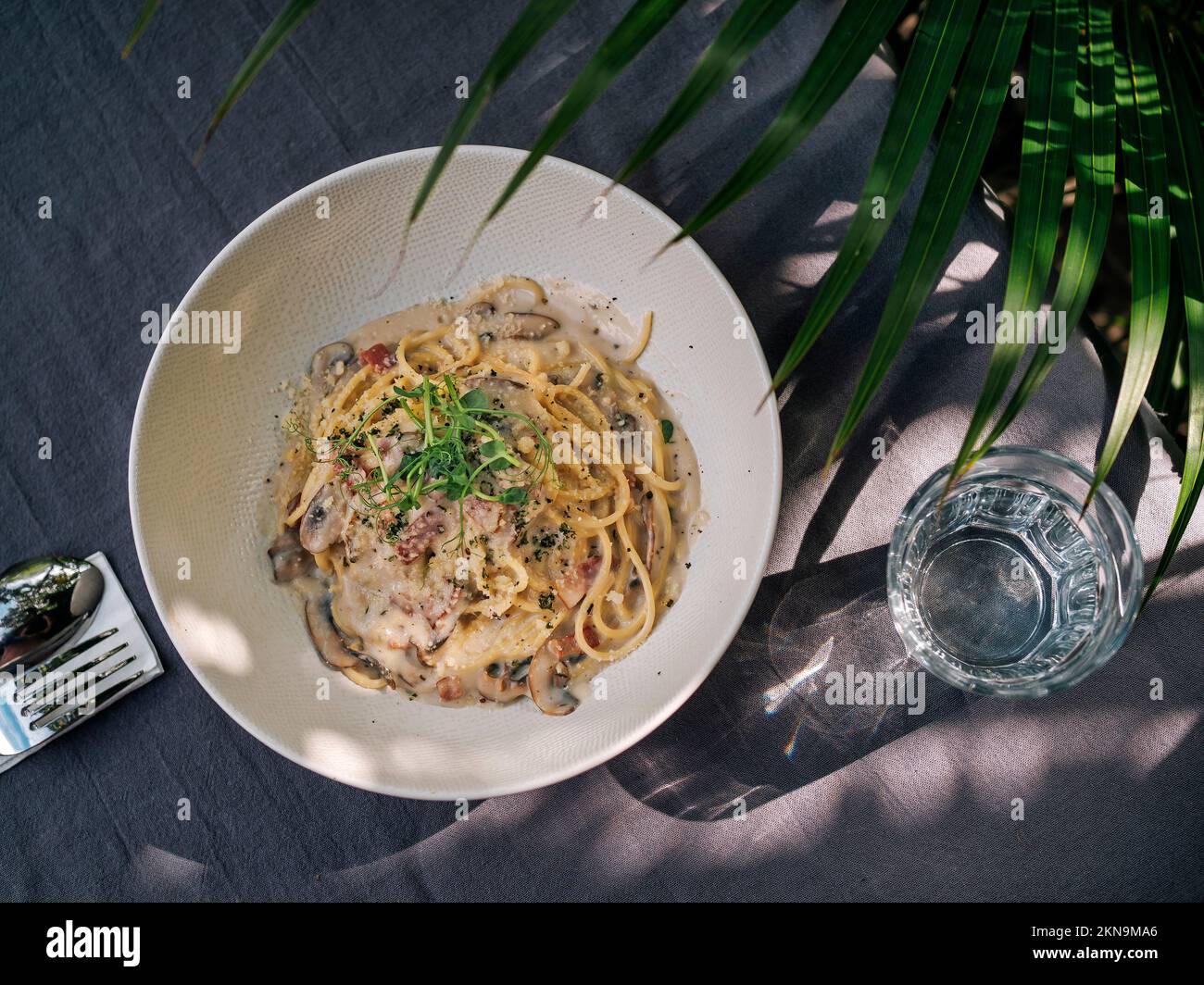 Spaghetti Carbonara and coconut under palm tree Stock Photo - Alamy