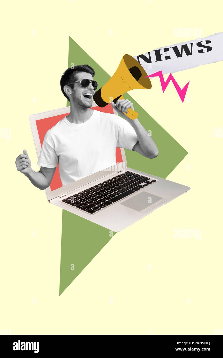 Vertical poster collage of guy speak from laptop isolated on painting ...