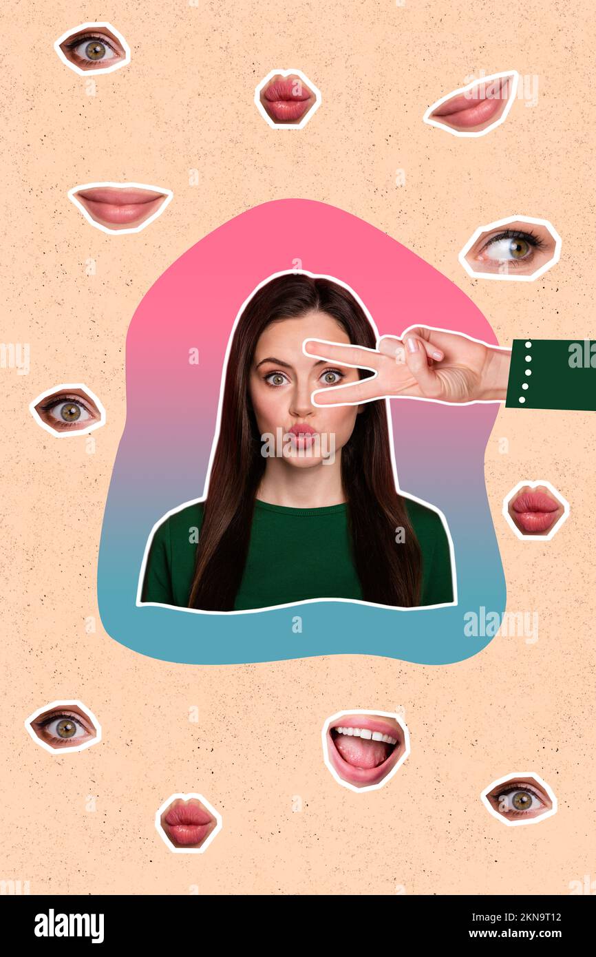 Collage photo banner of young lady popular blogger cadre pouted lips ...