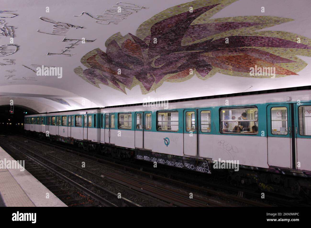 Underground station and tunnel in the Paris metro underground. Cluny–La ...