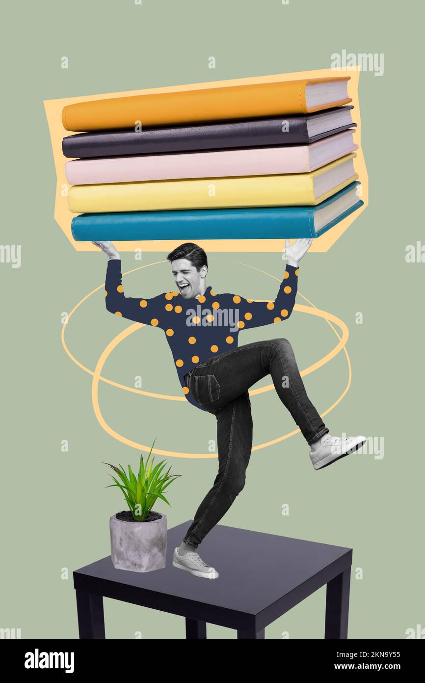 Collage photo of young crazy academic student addicted learner love ...