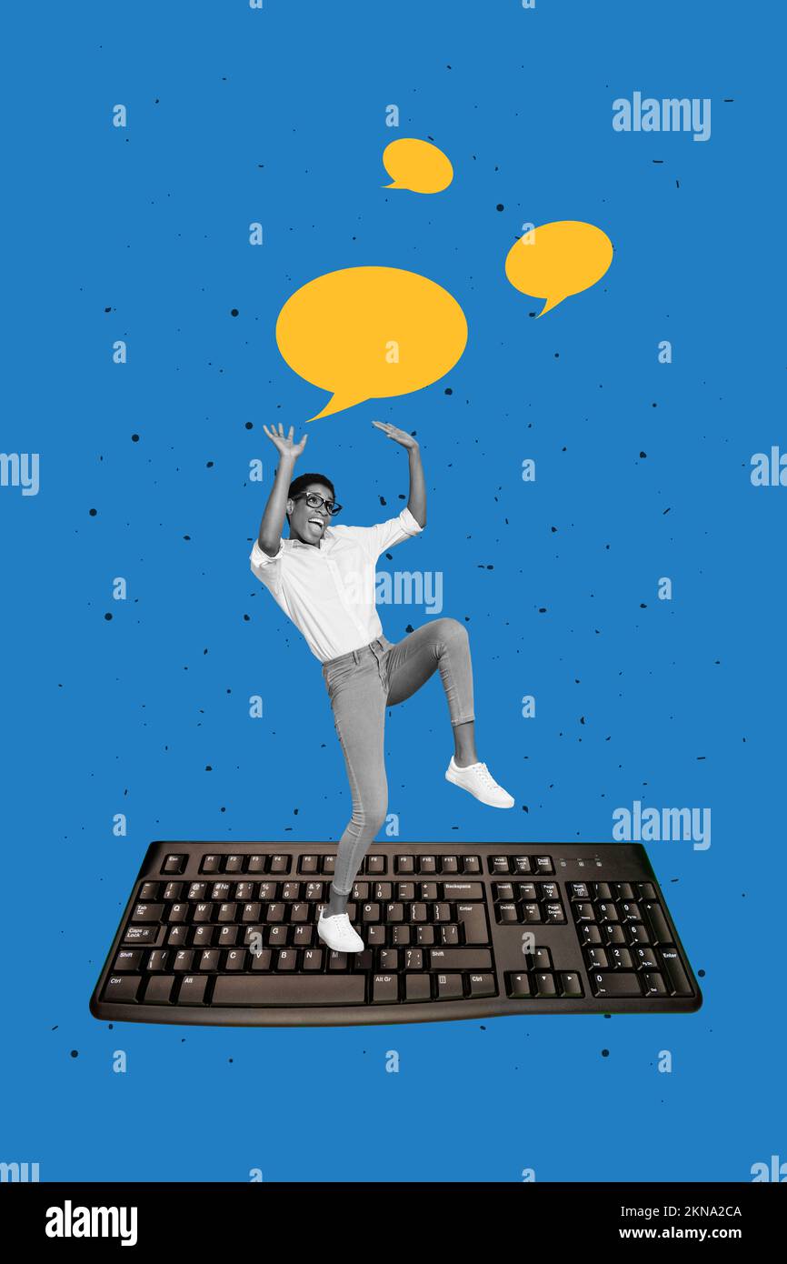 Artwork magazine collage picture of funky lady guy walking keyboard ...
