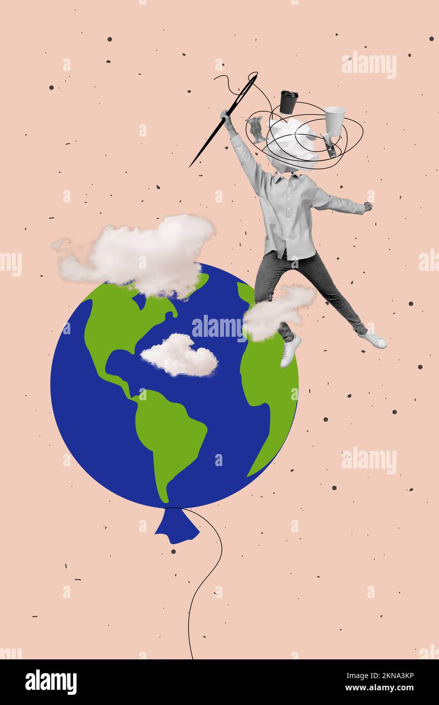 Vertical collage image of black white colors person hold huge needle ...