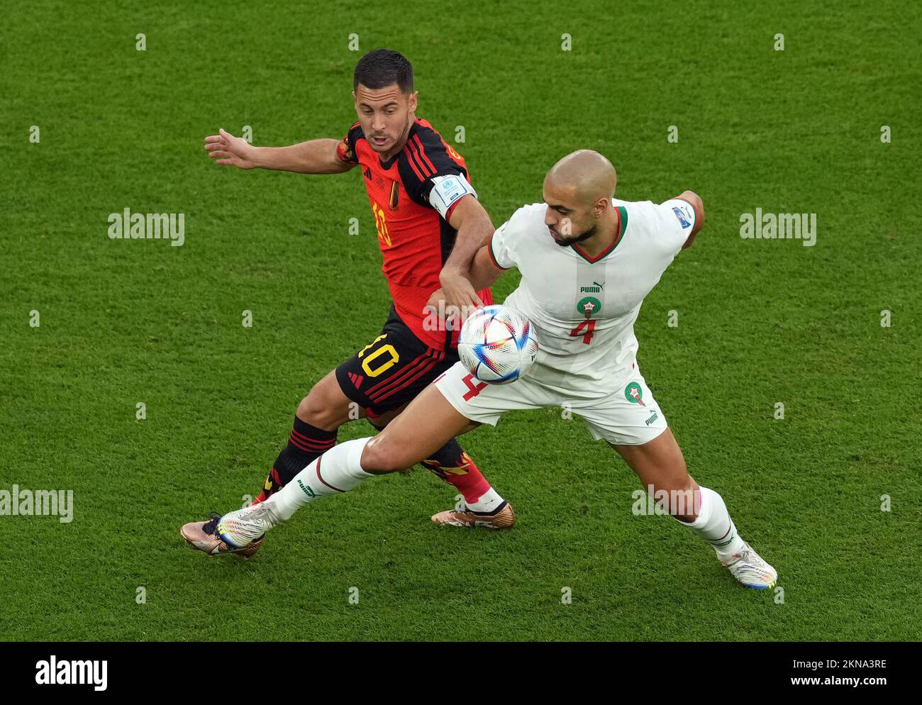 Belgium's Eden Hazard (left) and Morocco's Sofyan Amrabat (right ...