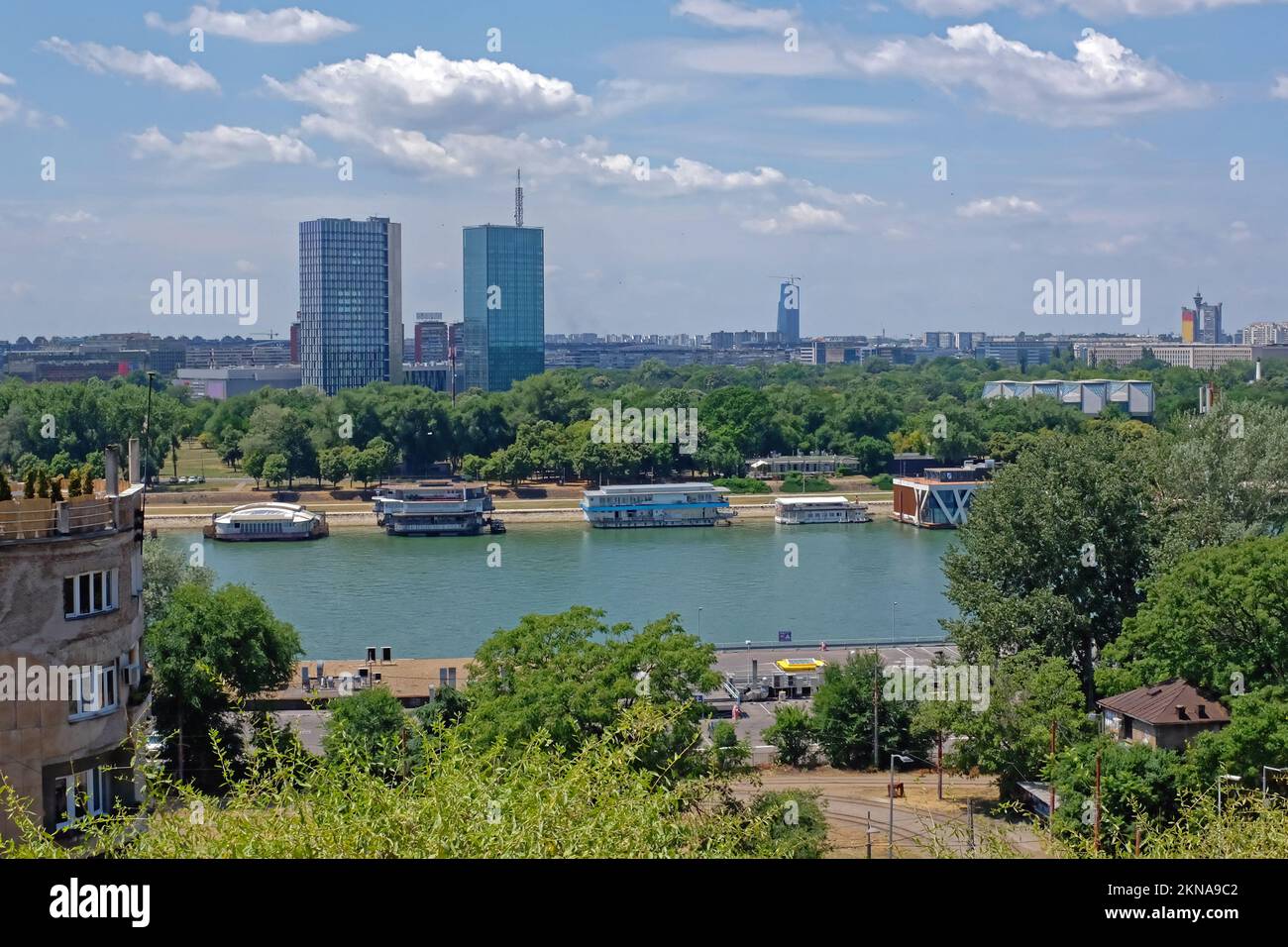 Floating clubs pontoon restaurants New Belgrade cityscape hot summer ...
