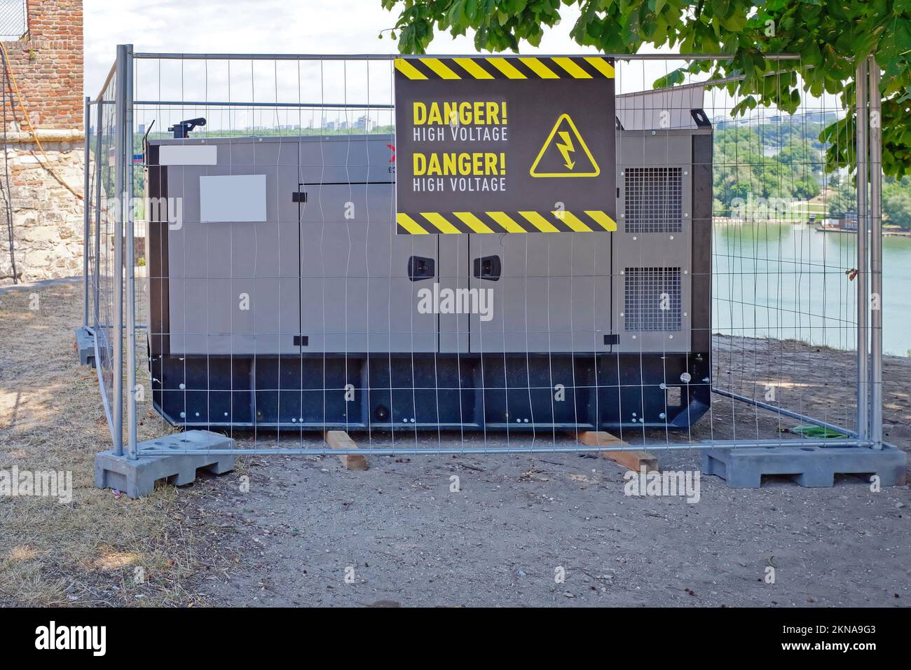 Temporary electric power generator box in protective cage safety Stock ...