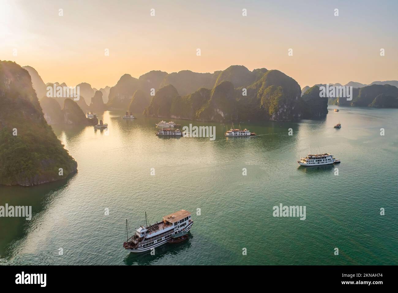 Aerial view floating fishing village and rock island, Halong Bay ...
