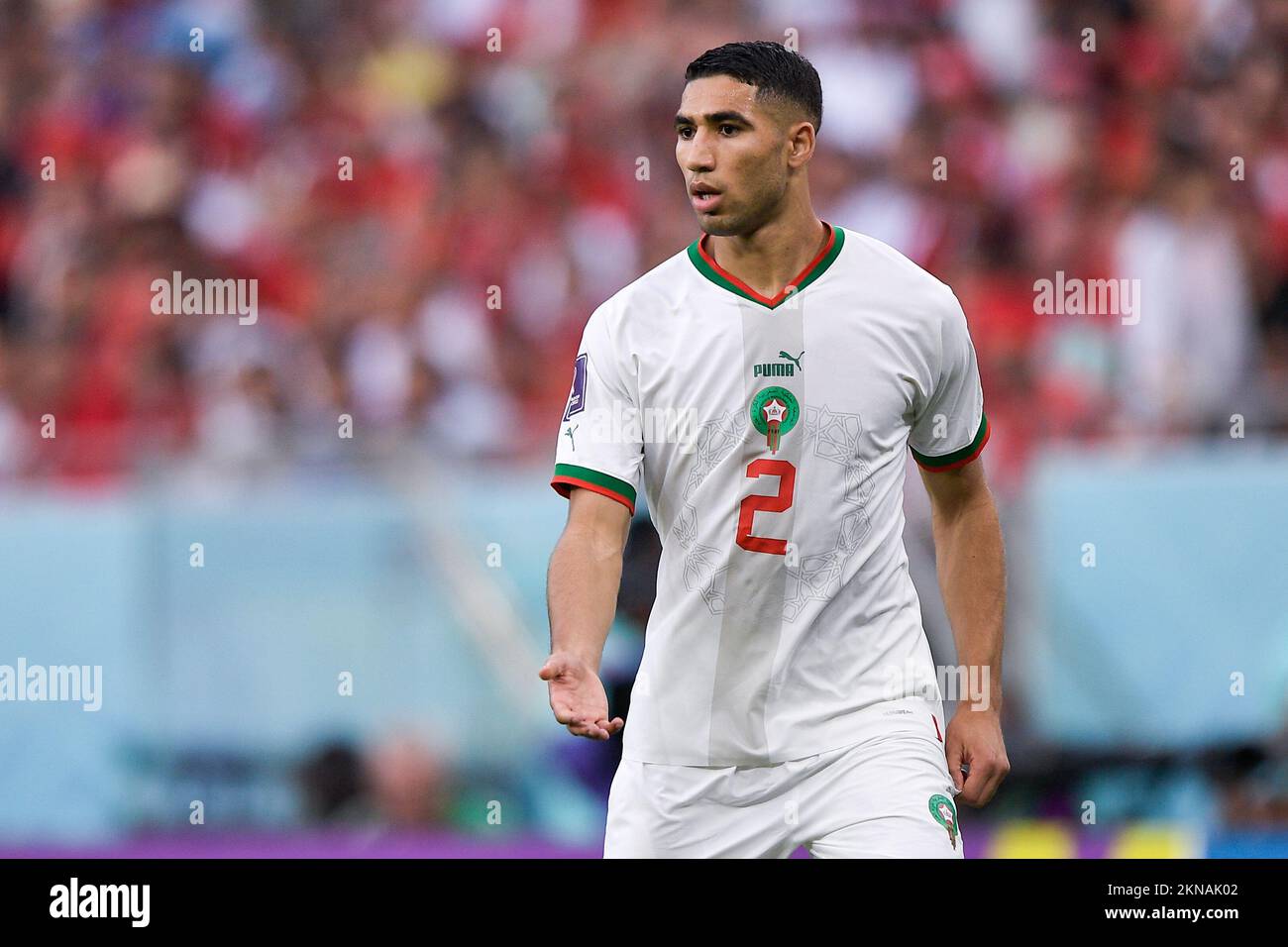DOHA, QATAR - NOVEMBER 27: Achraf Hakimi of Morocco reacts during the ...