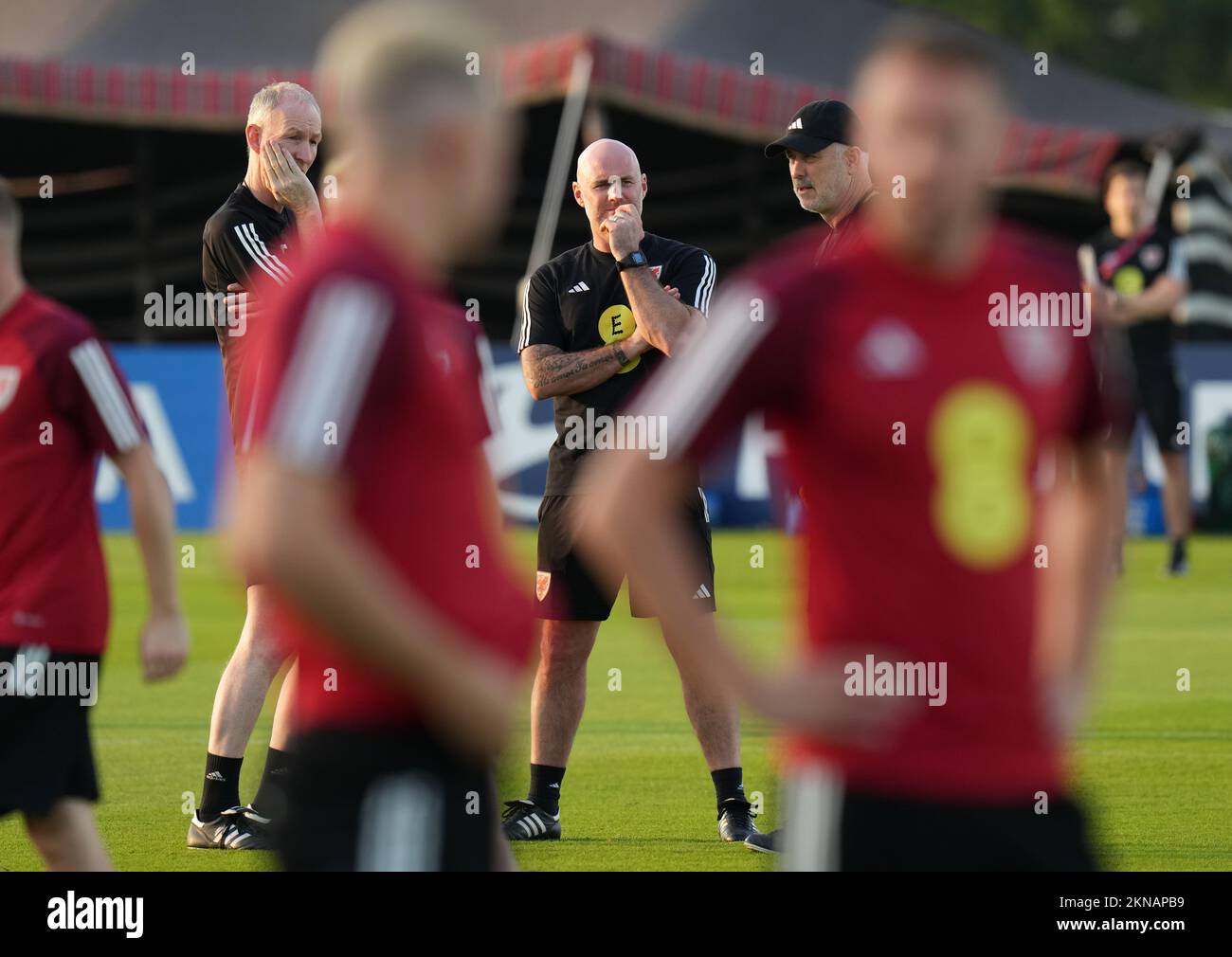 Wales manager Rob Page (centre) with coach Alan Knill (left) and ...