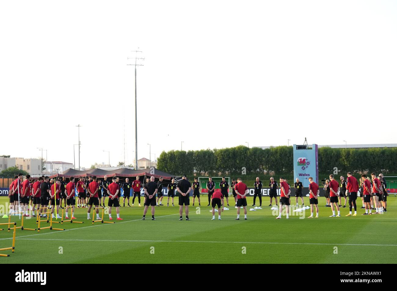 Wales players and staff stand for a minute's silence to mark the ...
