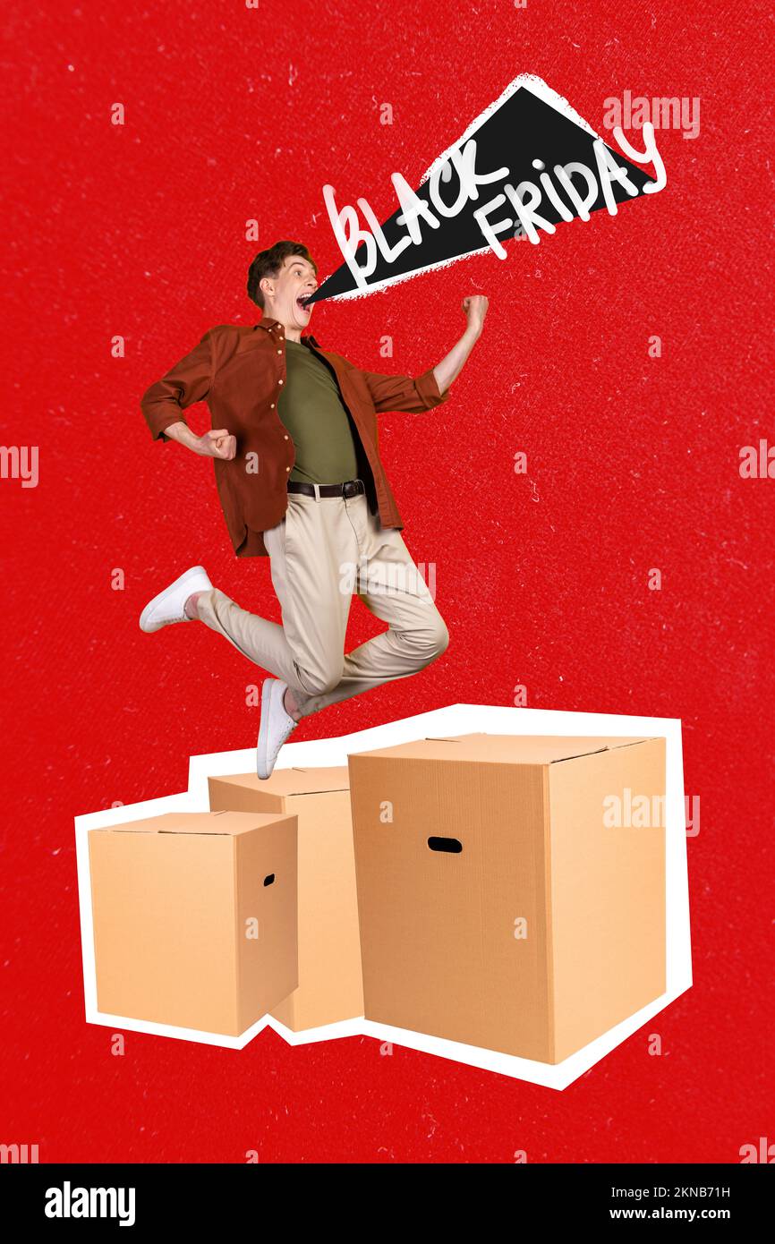 Collage photo of young guy jumping air trampoline raise hands celebrate ...