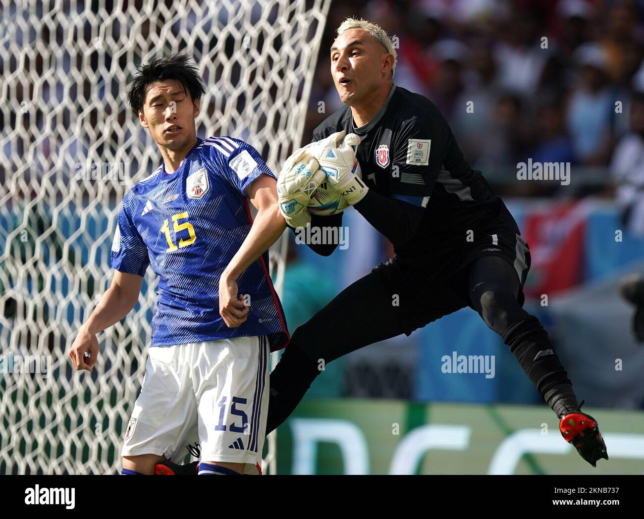 Costa Rica goalkeeper Keylor Navas claims the ball under pressure from ...