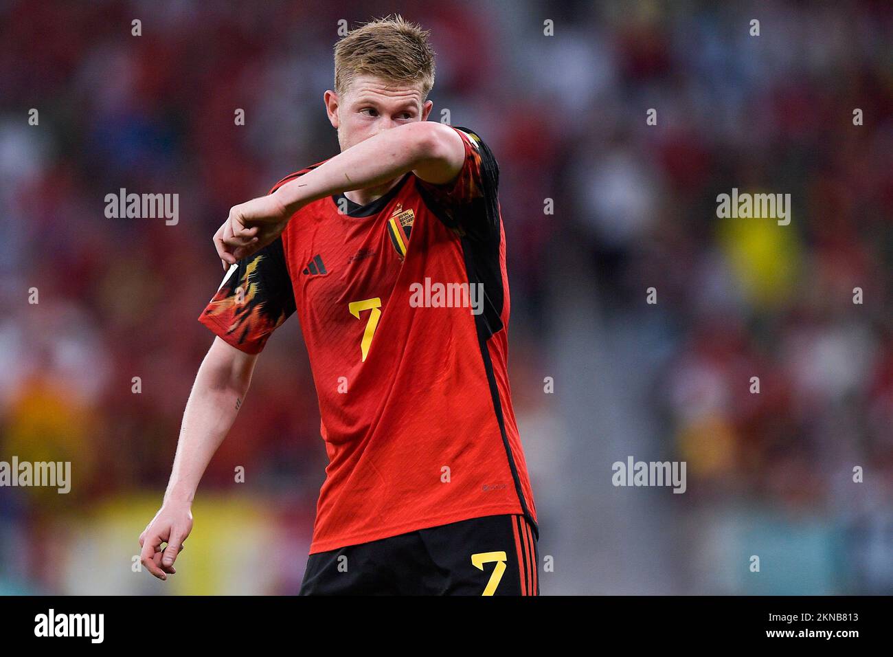DOHA, QATAR - NOVEMBER 27: Kevin De Bruyne of Belgium reacts during the ...