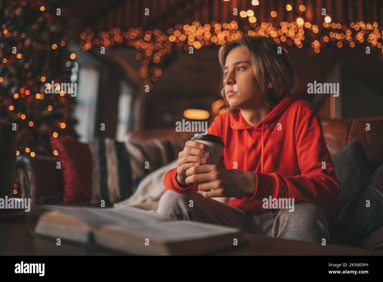 Young teen boy with long hair thoughtful look sad eyes negative mood ...