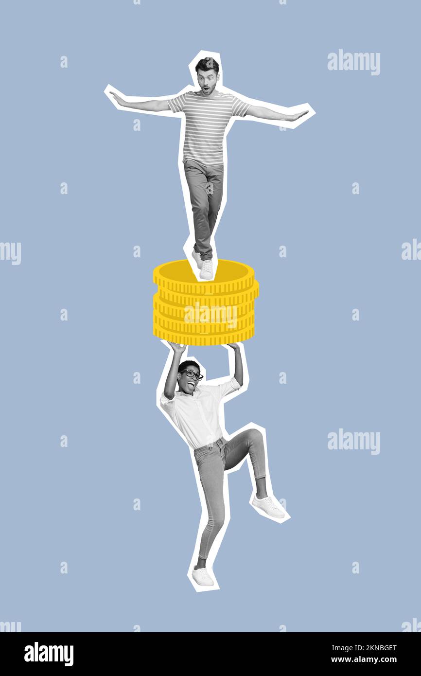 Vertical collage image of two black white colors people arms hold guy ...